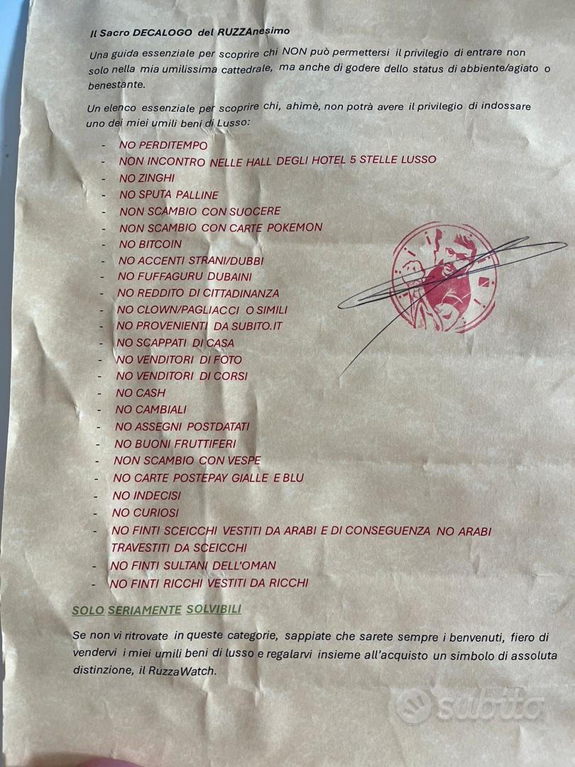 Pergamena Decalogo Ruzza watch con autografo - Abbigliamento e Accessori In vendita a Milano