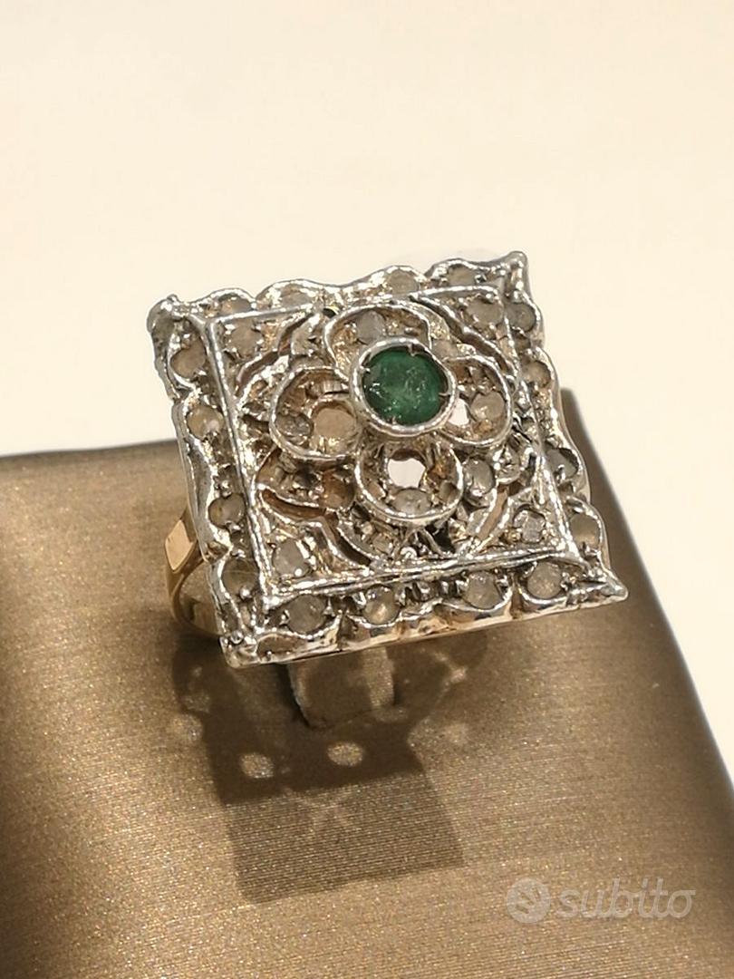 Anello antico in oro 14kt, smeraldo e diamanti - Abbigliamento e ...