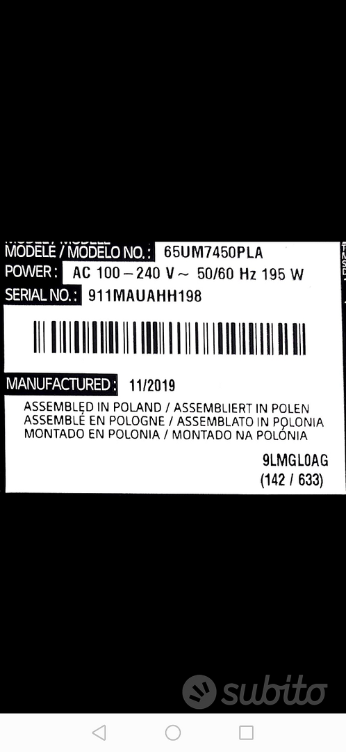 Tv lg 65um7450pla - Audio/Video In vendita a Roma